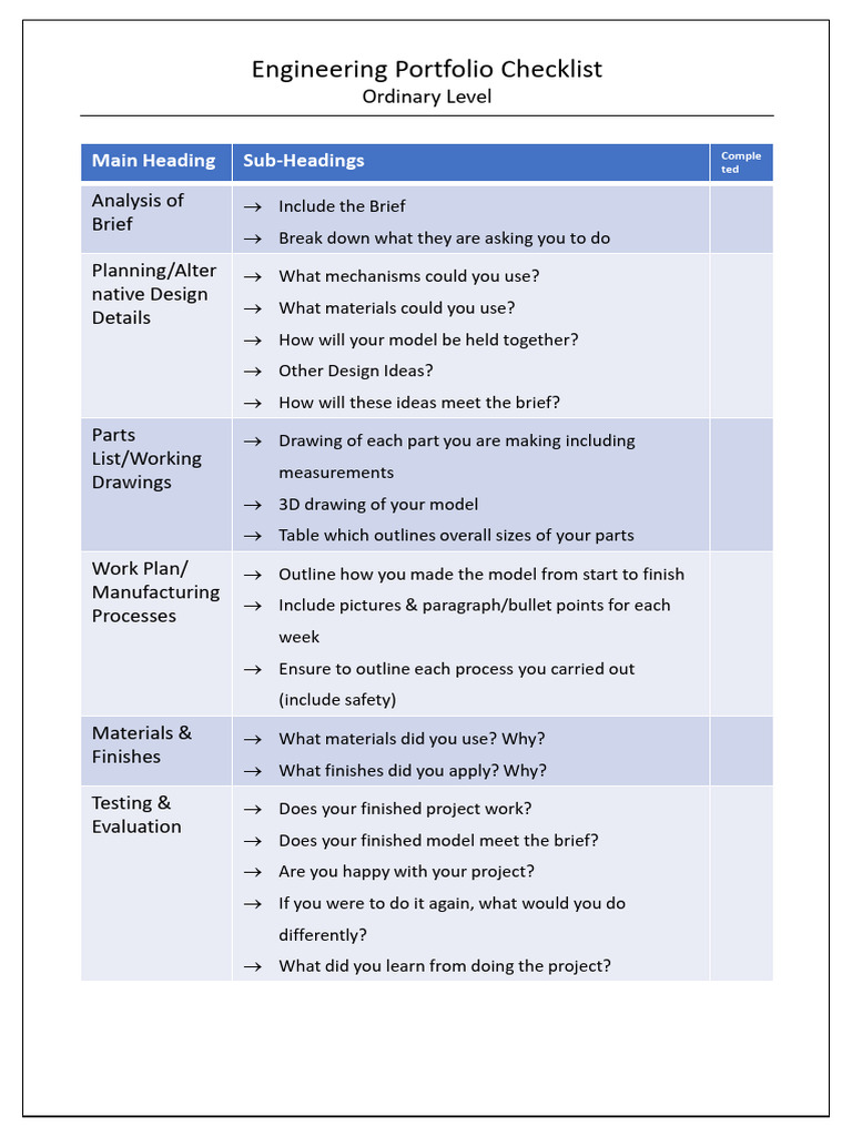 Engineering Portfolio Checklist | PDF