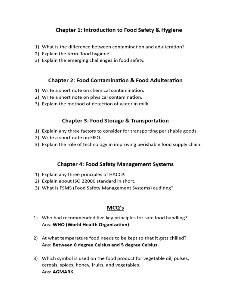 Questions For Practice - Food Safety & Hygiene | PDF | Food Safety ...