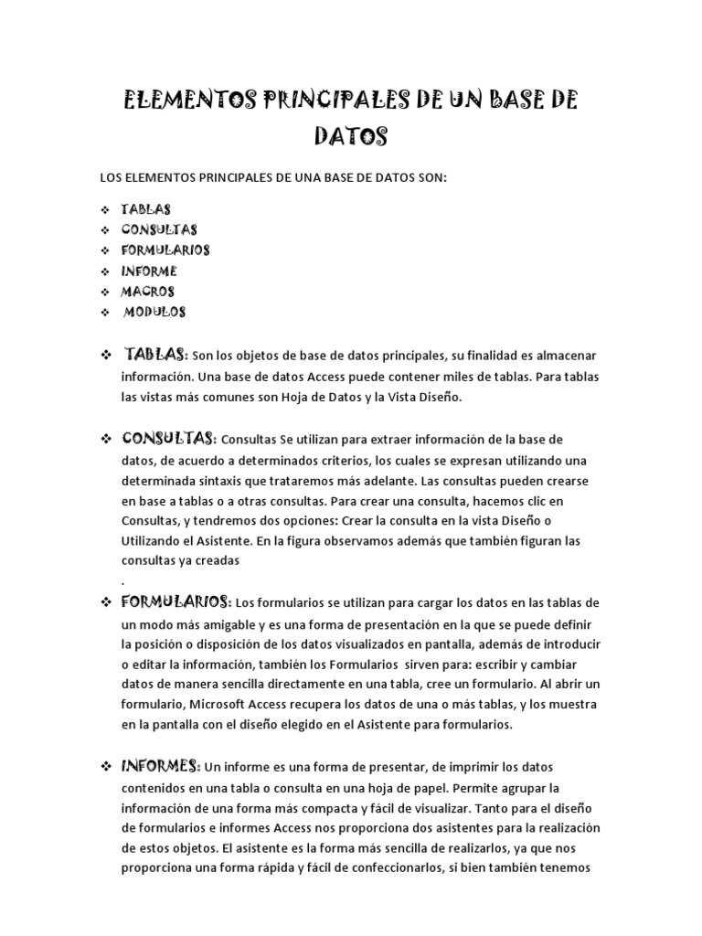 Elementos Principales de Una Base de Datos | PDF | Macro (informática ...