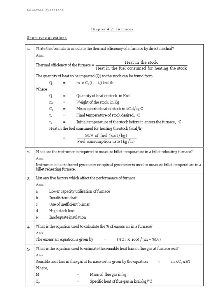 SQ - 4.2 - Furnaces (Table Format) | PDF | Furnace | Combustion
