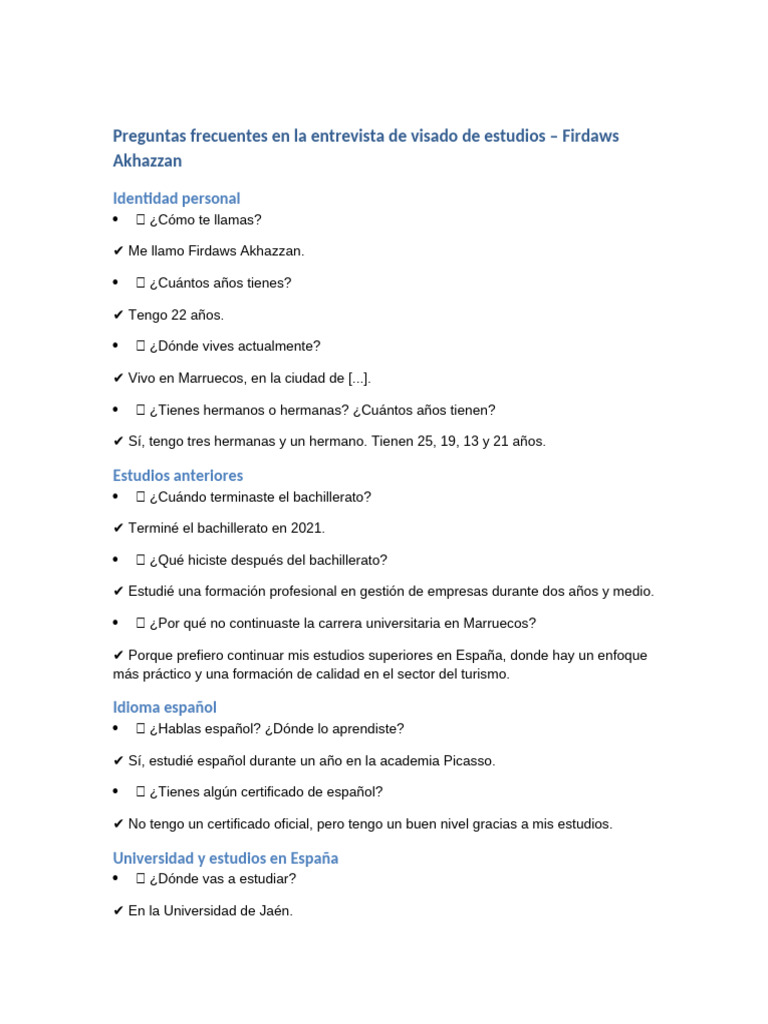 Preguntas Entrevista Visa Estudiante Firdaws | PDF | España | Turismo