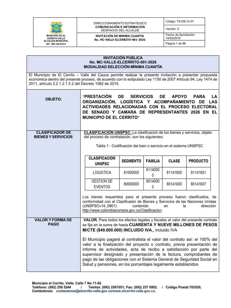 Invitacion Publica MC Valle Elcerrito 001 2026 | PDF