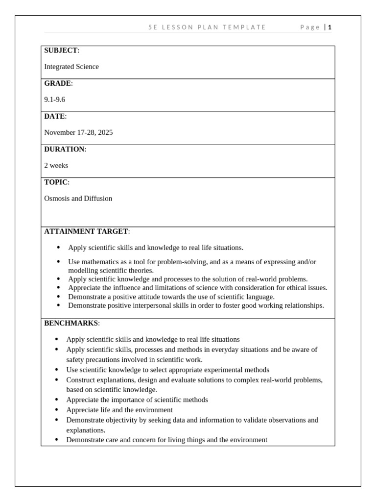Grade 9 Lesson Plan Osmosis and Diffusion 2025 | PDF | Diffusion | Osmosis