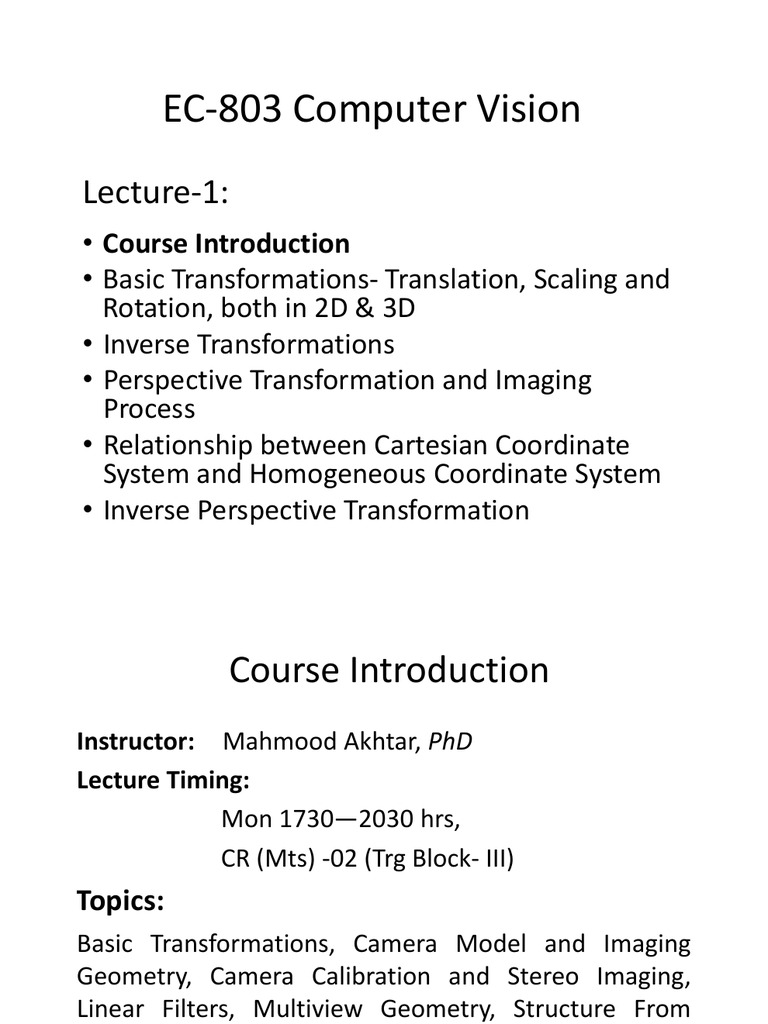 EC-803 Computer Vision: Lecture-1 | PDF | Computer Vision | 2 D Computer Graphics