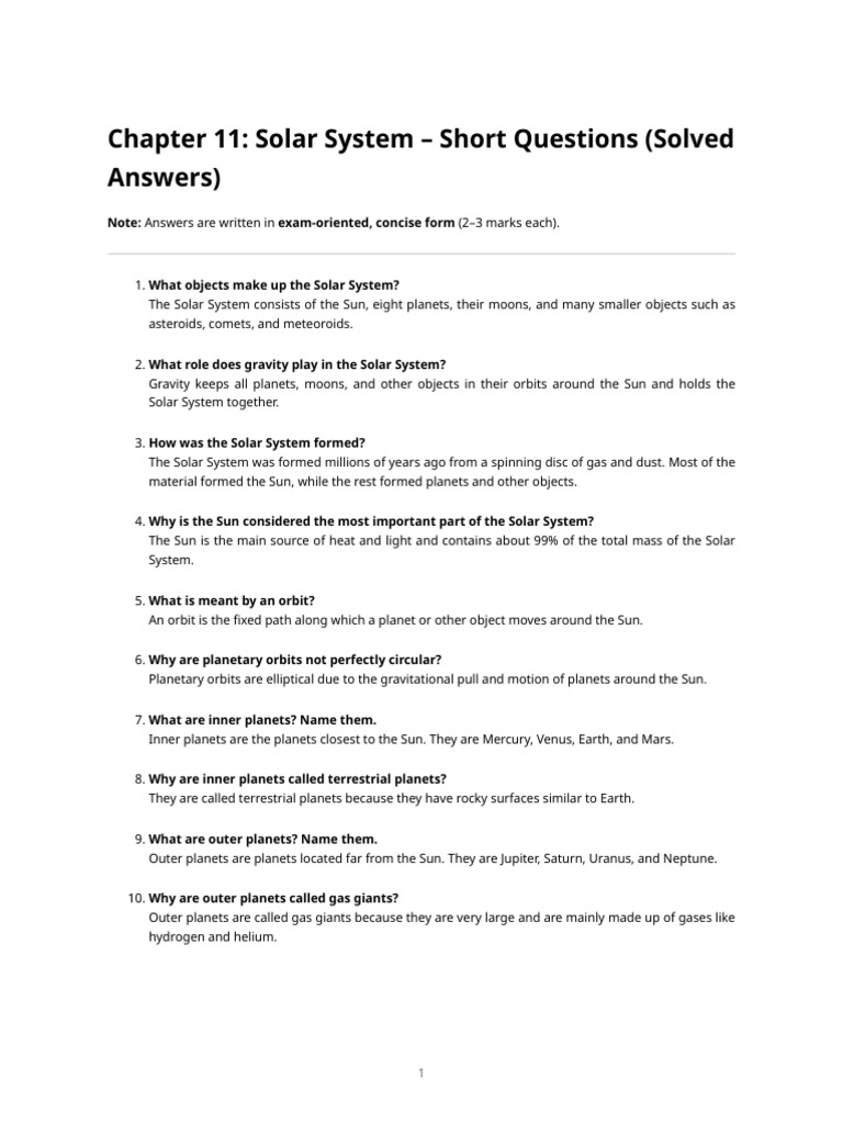 Chapter 11 - Solar System - Short Questions (Solved) | PDF | Solar ...