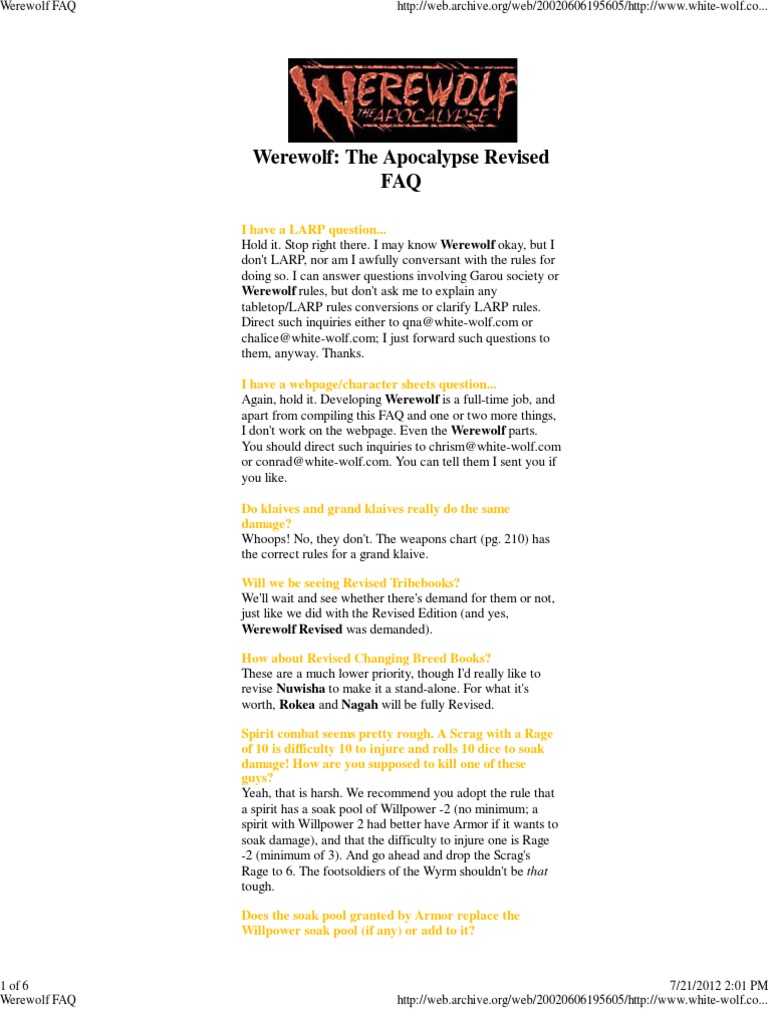 Werewolf: The Apocalypse FAQ Guide | PDF | Religion And Belief