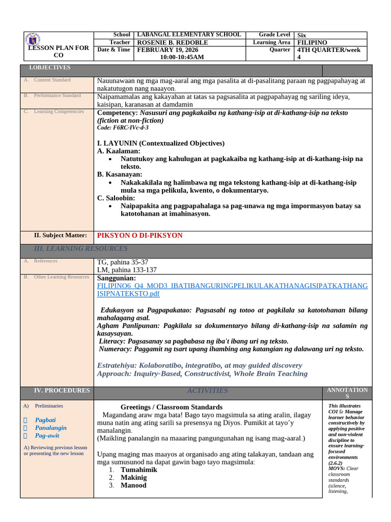 Filipino 6 Q4 W4 Piksyon o Di - Piksyon | PDF