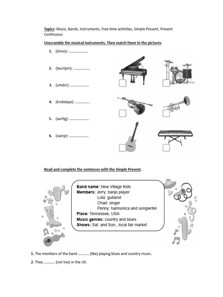 Music, Bands, Instruments, Free Time Activities, Simple Present ...