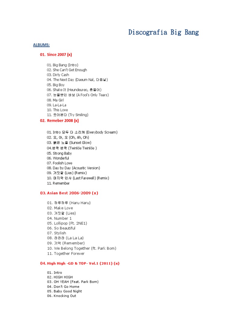 Big Bang Discography Overview | PDF | Language Arts & Discipline