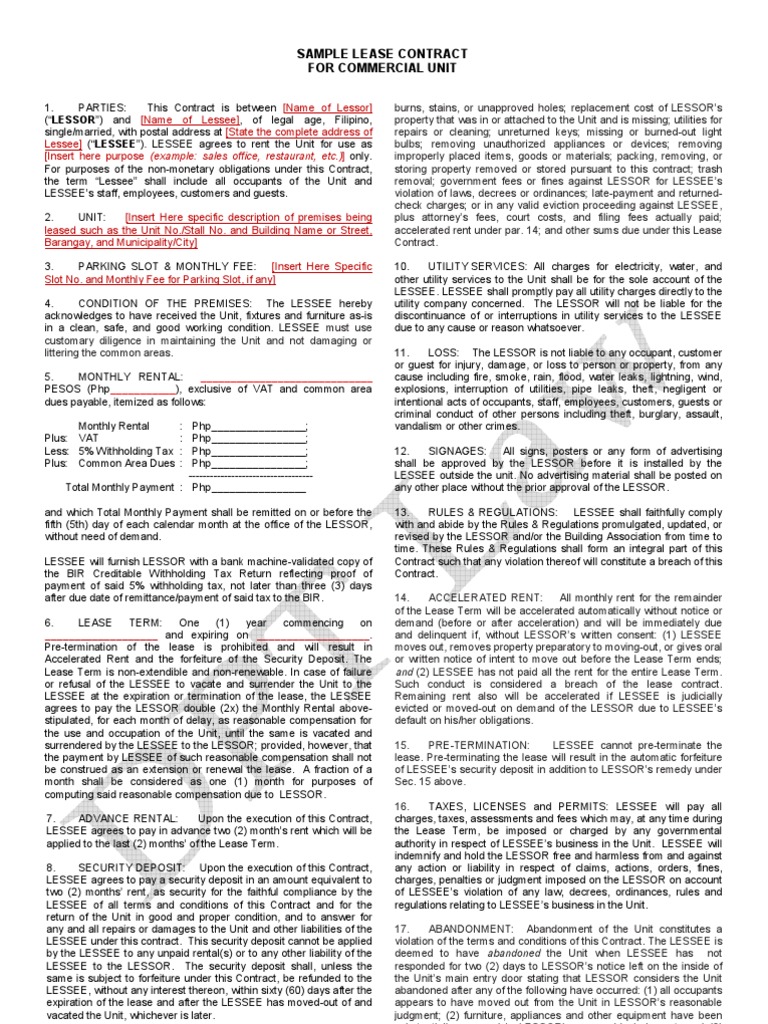Lease Contract For Commercial Unit Sample | PDF | Lease | Social ...