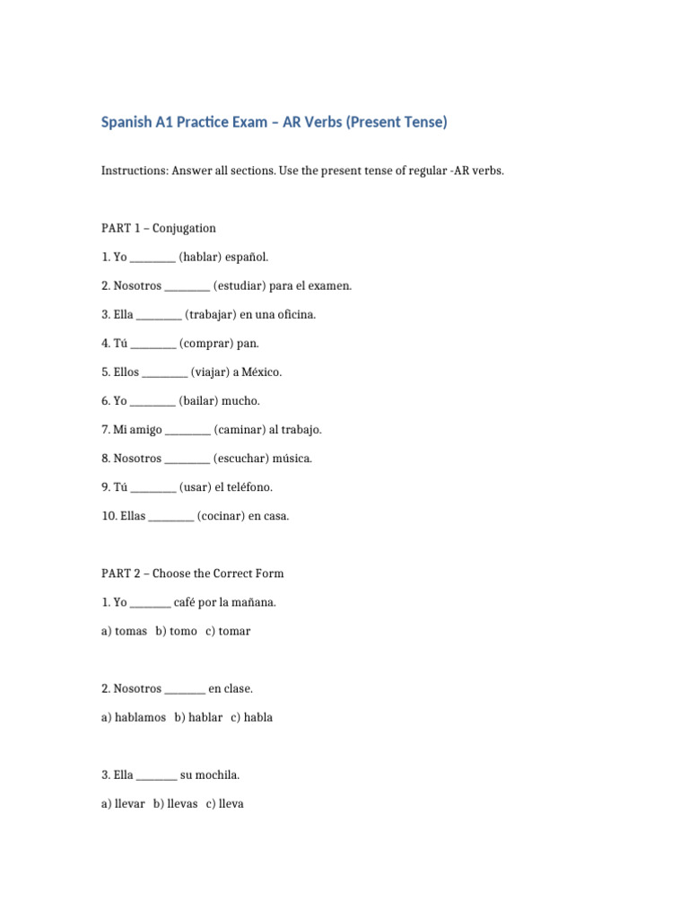 Spanish A1 AR Verbs Practice Exam | PDF