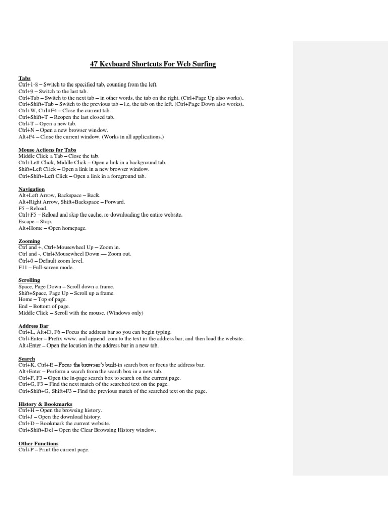 Essential Browser Keyboard Shortcuts | PDF | Keyboard Shortcut | Web ...