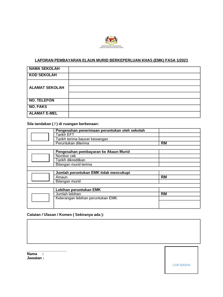 Borang Pembayaran - EMK Fasa 1 - 2023 | PDF