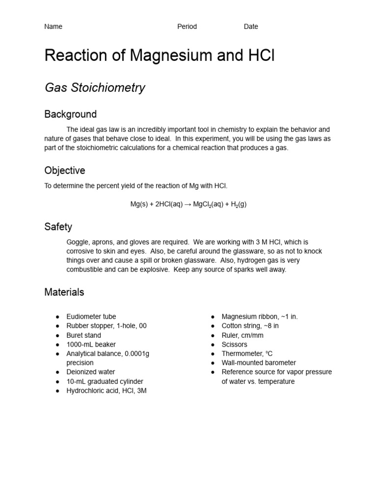 AP Lab - Reaction of Magnesium and HCL (2025-26) (BL) | PDF ...