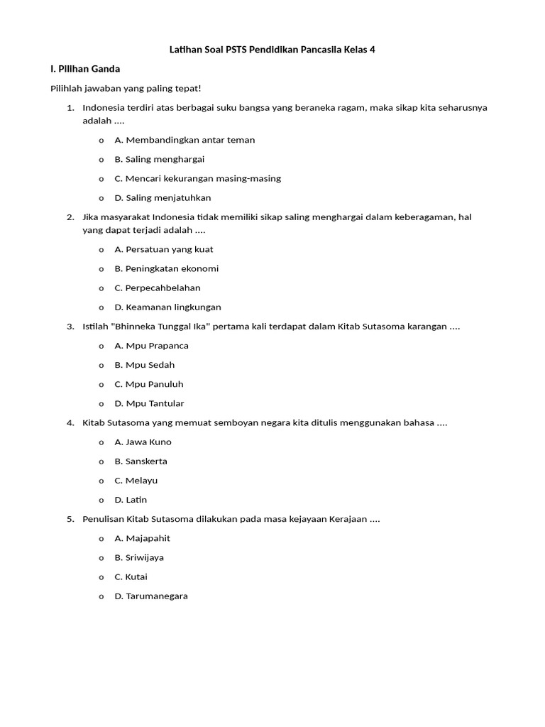 Latihan Soal PSTS Pendidikan Pancasila Kelas 4 | PDF