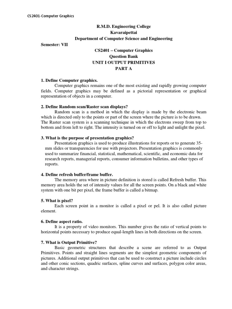 CS2401 Computer Graphics Question Bank | PDF | Computer Graphics | 2 D ...