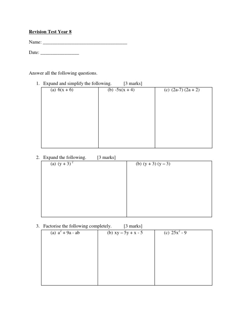 Mathematics Revision Test Year 8 | PDF