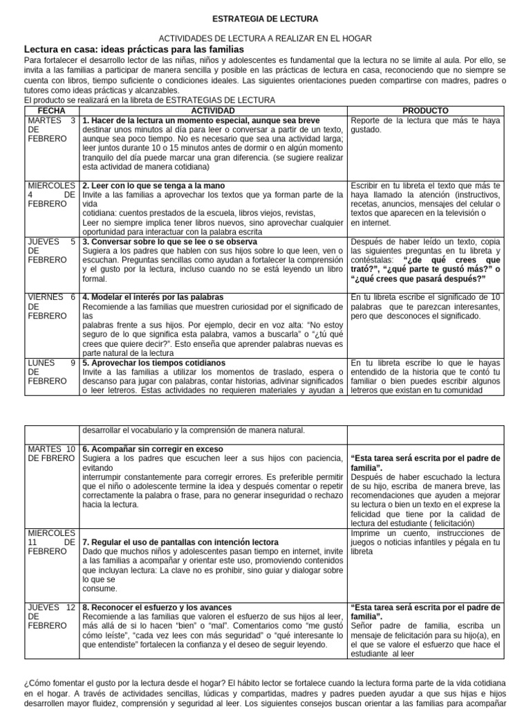 Actividades de Lectura A Realizar en El Hogar Durante El Mes de Febrero ...
