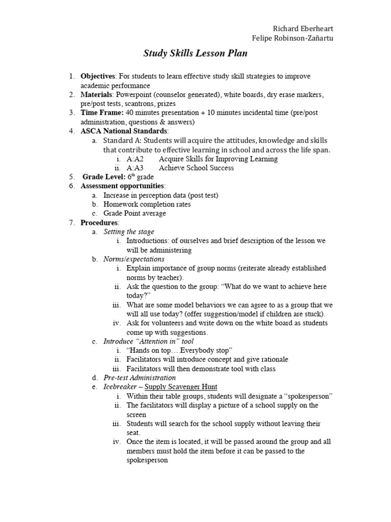 Study Skills Lesson Plan: Objectives Materials Time Frame: ASCA ...