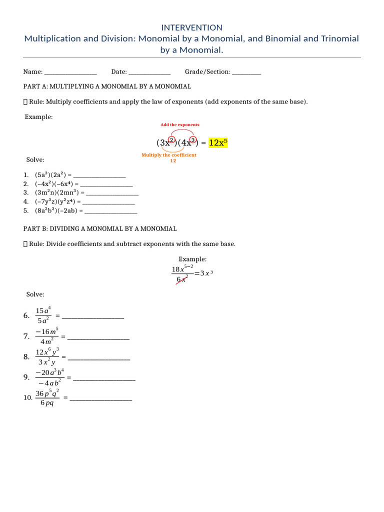 Algebra Worksheet Monomial Binomial Trinomial | PDF | Exponentiation ...