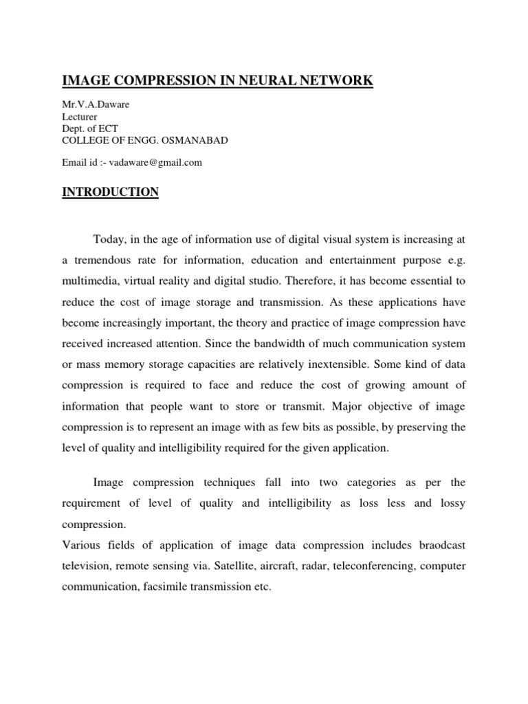 Image Compression in Neural Network: Mr.V.A.Daware Lecturer Dept. of ECT College of Engg ...