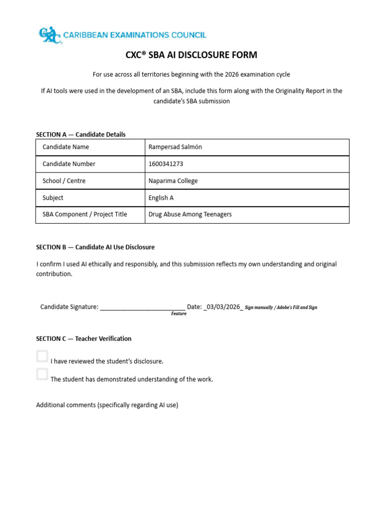 Salmon Rampersad - CXC SBA AI Disclosure Form Final-Fillable | PDF