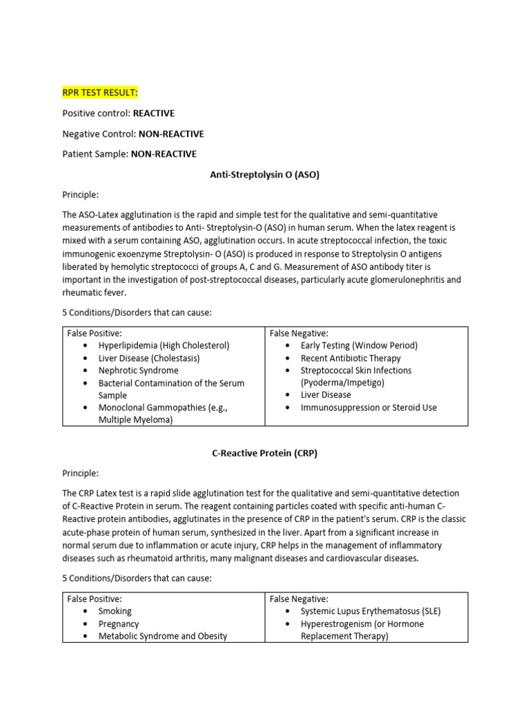 RPR Test Result, Test Principles, Etc | PDF | C Reactive Protein ...