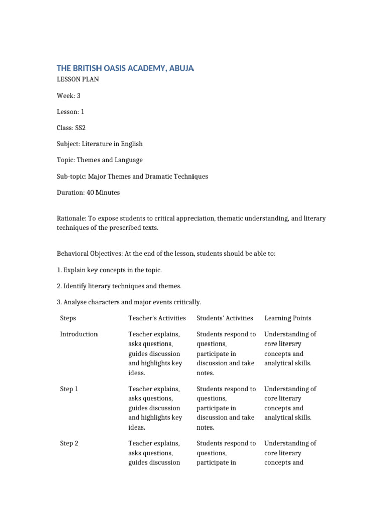 SS2 Literature Week 3 Lesson Plans | PDF | Lesson Plan | Teachers