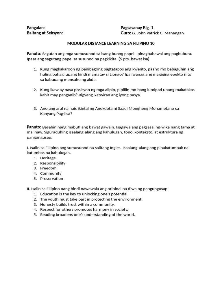 Modular Distance Learning Pagsasanay Blg. 1 2 | PDF