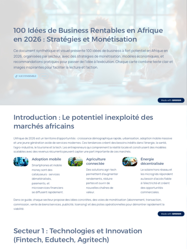 100 Idees de Business Rentables en Afrique en 2026 Strategies Et ...