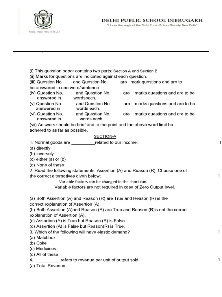 Sample Paper XI Economics | PDF | Supply (Economics) | Economic Equilibrium