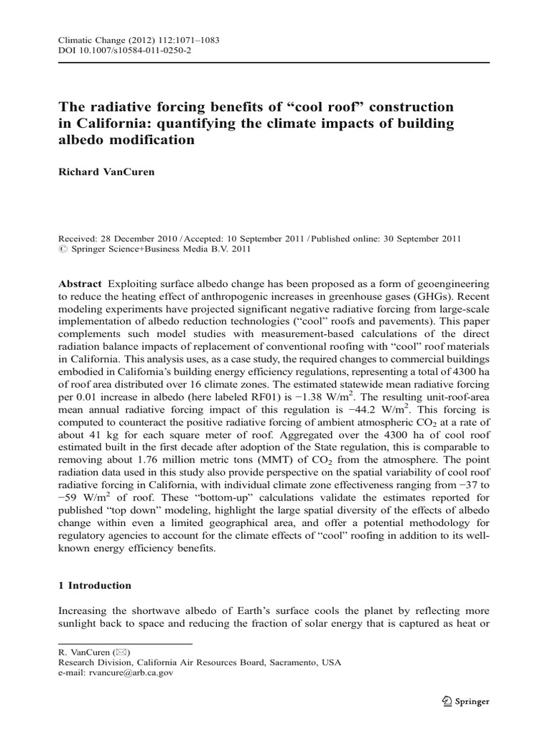The Radiative Forcing Benefits of "Cool Roof" Construction | PDF ...