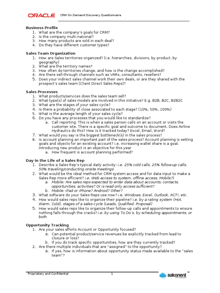 CRM Discovery Questionnaire Overview | PDF | Call Centre | Sales