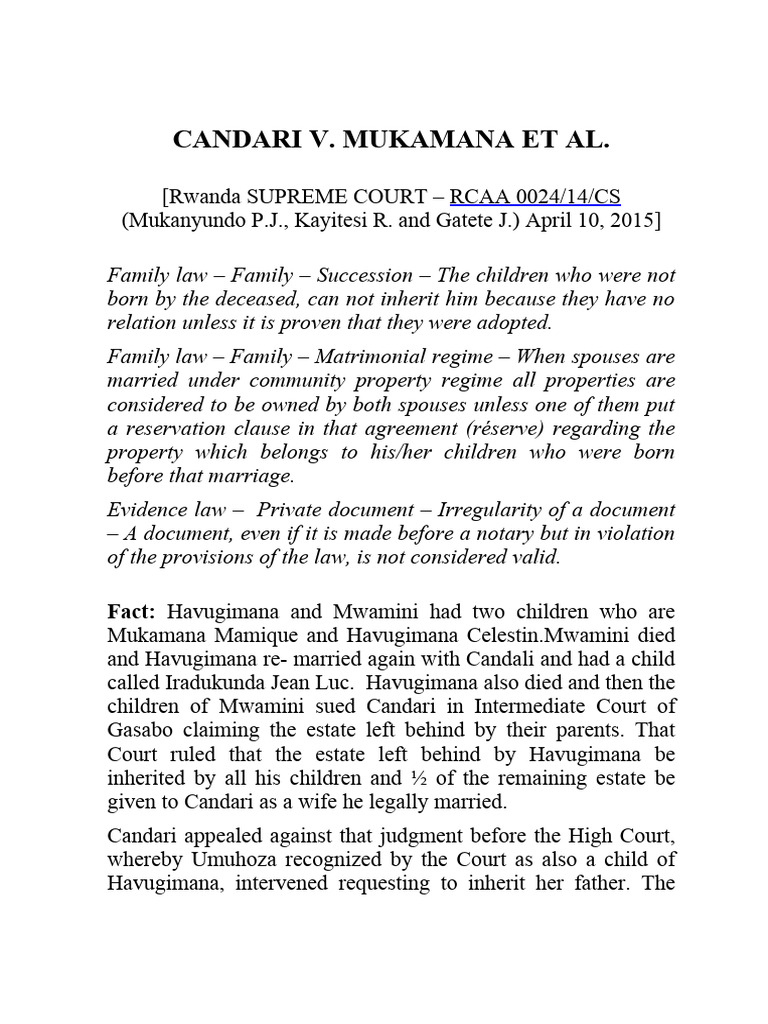 Candari v. Mukamana Et Al. | PDF | Marriage | Property