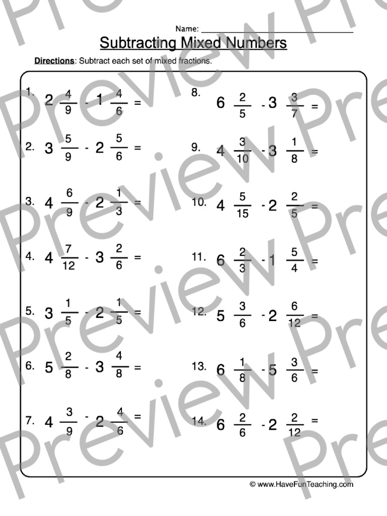 Subtracting Mixed Numbers Worksheet 1 Preview | PDF