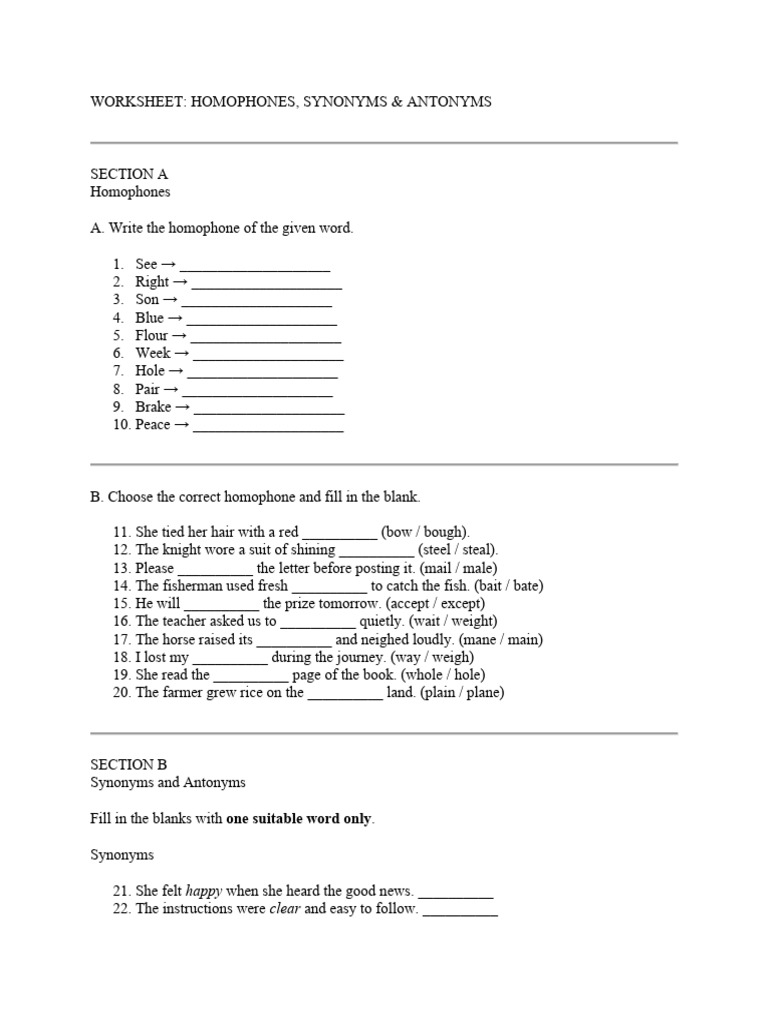 Practice Worksheet - Nivhaan's Final Term - Homophones Synonyms and ...