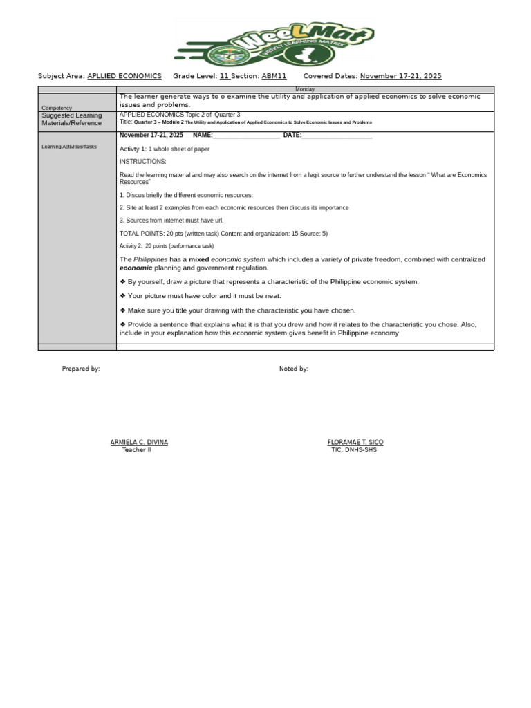 ECON Weekly Learning Matrix Template 1 | PDF | Behavior Modification ...