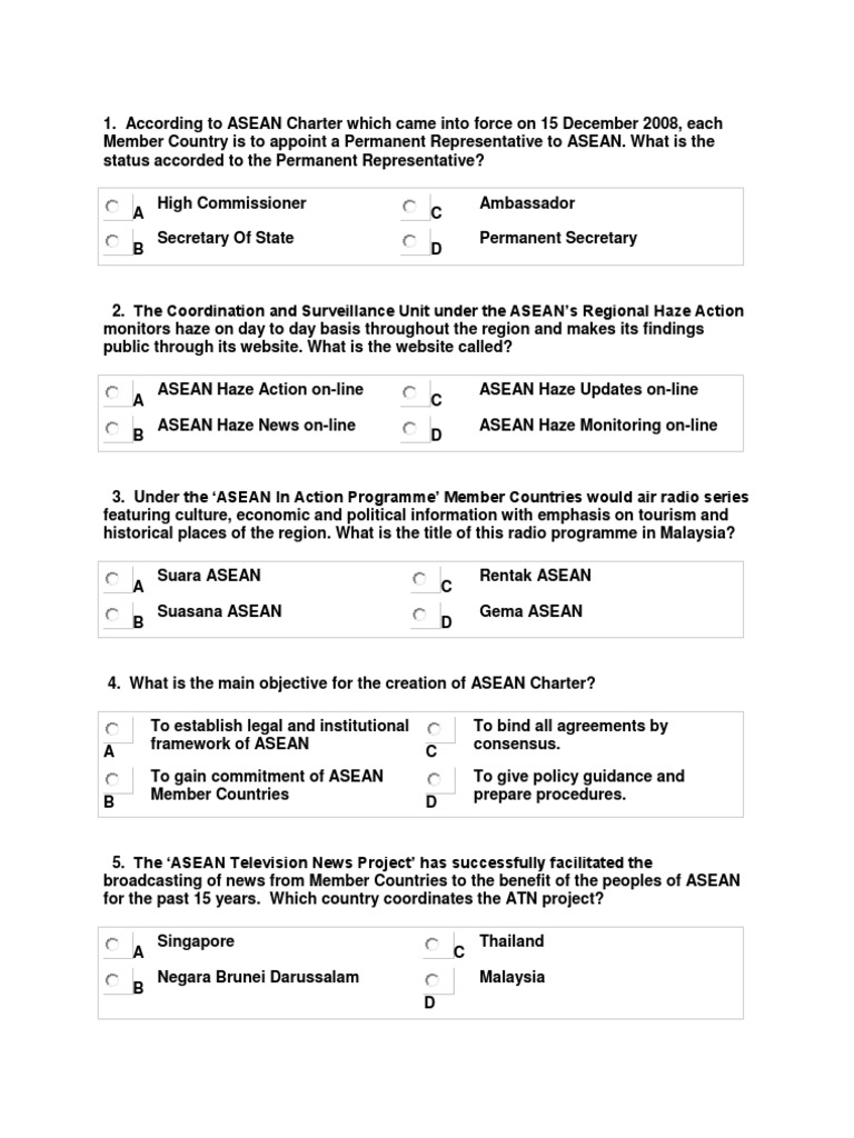 Won Asean Quiz | PDF | Asean Free Trade Area | Association Of Southeast Asian Nations