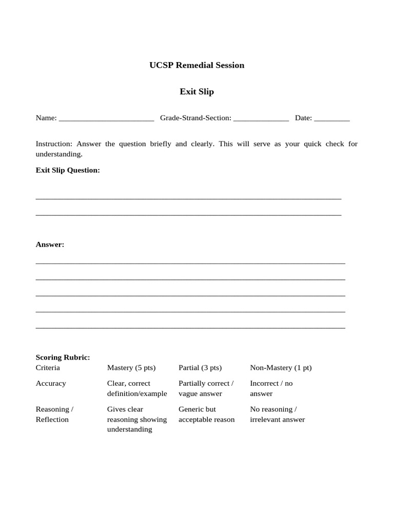 UCSP Remediation Exit Slip Template | PDF