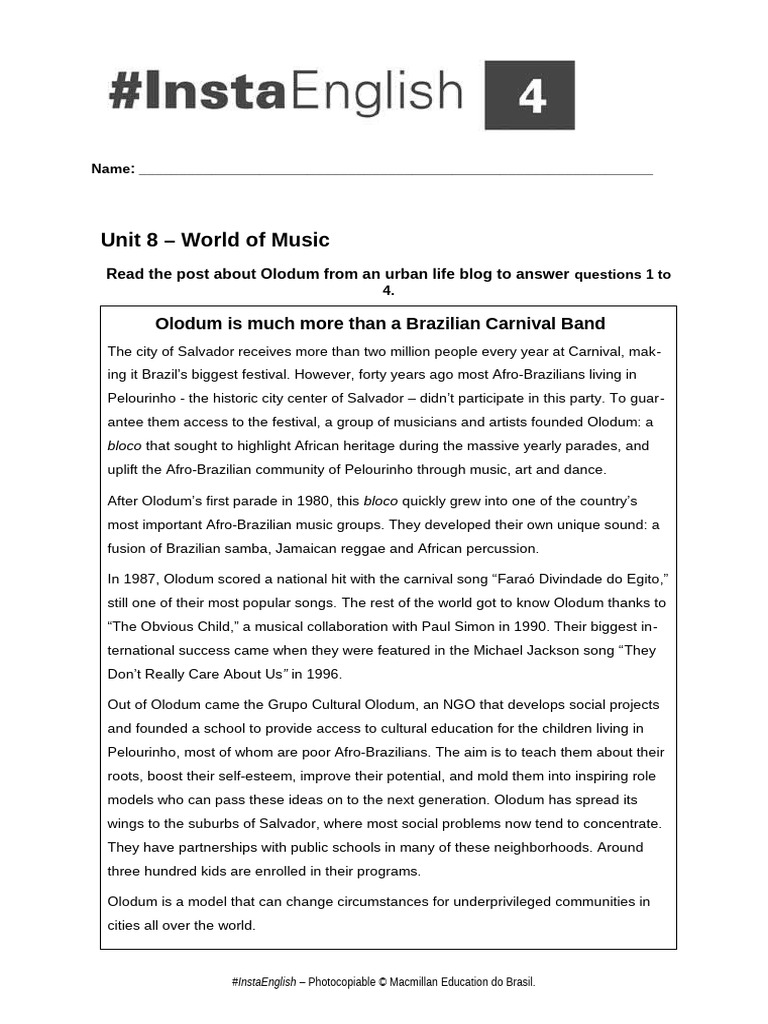 Insta English Level 4 Unit 8 Test | PDF | Carnival | Brazil