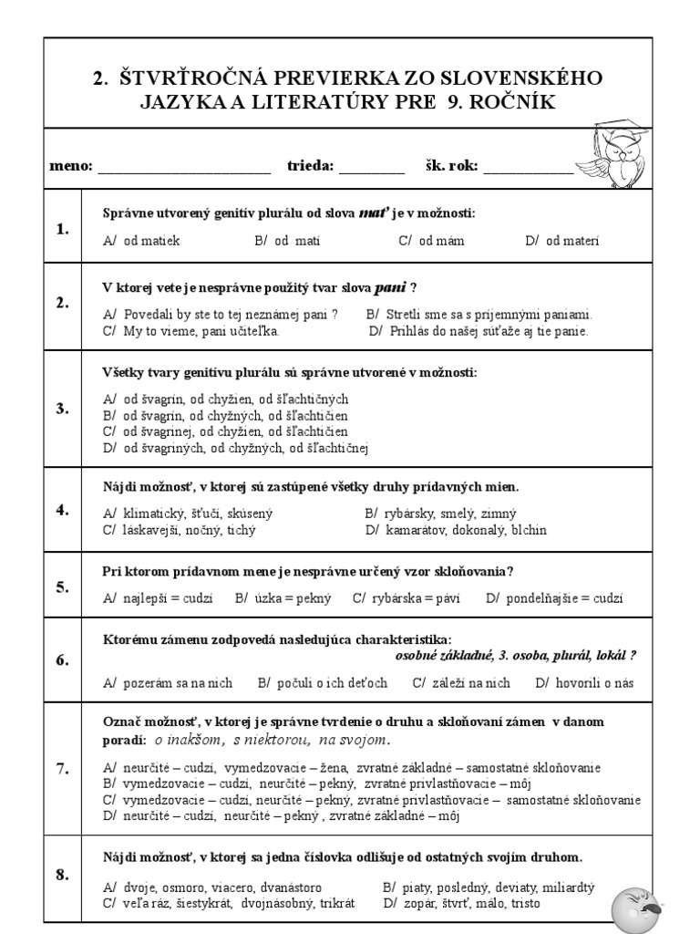 3-9-2.stvrtrocna Previerka Zo Slovenskeho Jazyka A Literatury | PDF