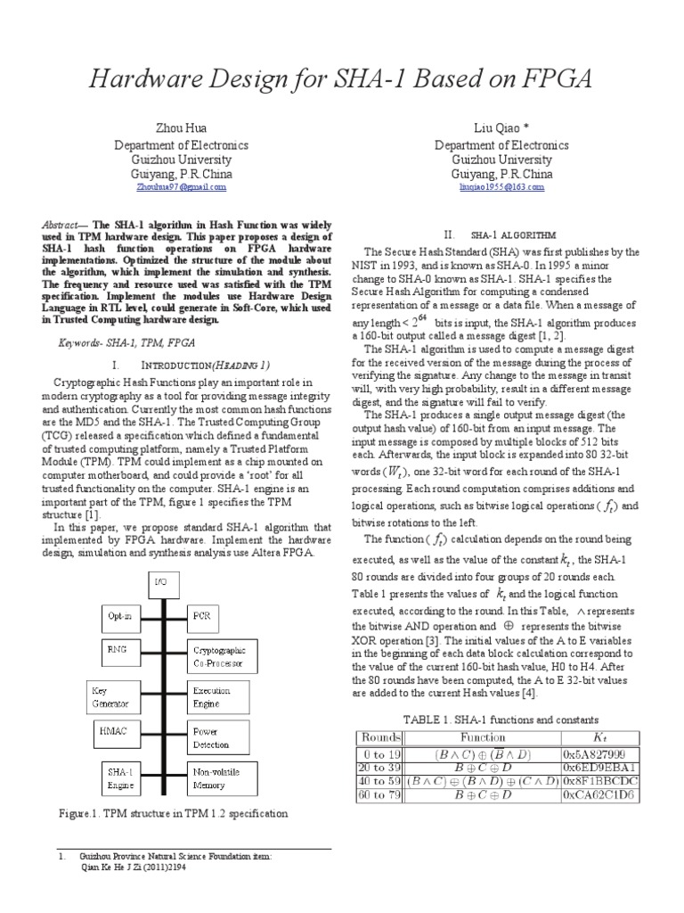 Hardware Design For Sha 1 Based On Fpga Pdf Field Programmable Gate Array Cryptography