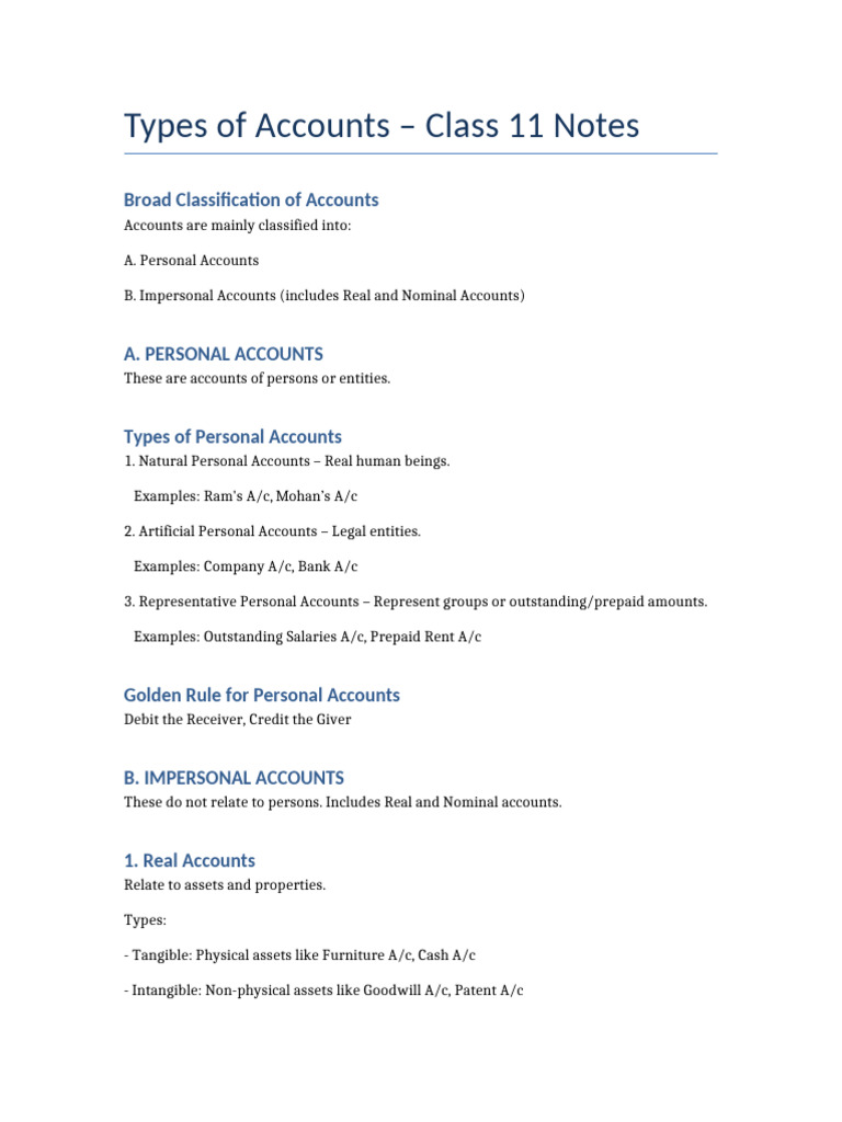 Types of Accounts Class 11 Notes | PDF | Debits And Credits | Corporate ...