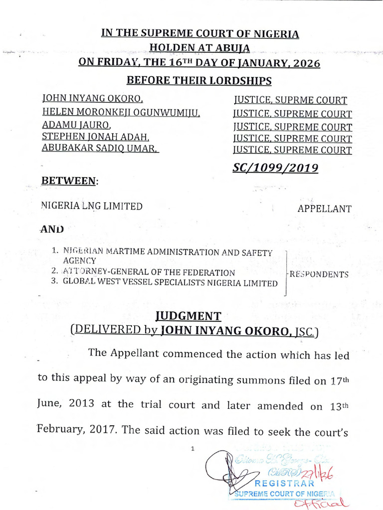 NIGERIA LNG LTD VS NIMASA - JUDGMENT BY JUSTICE OKORO - 0001 ...