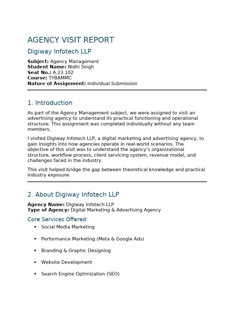 Agency Visit Report Digiway Infotech Llp Nidhi Singh Tybammc | PDF ...