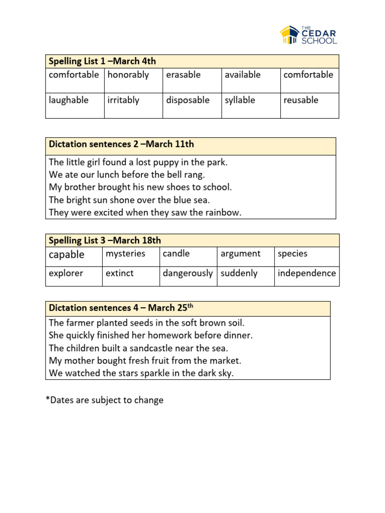 March Spelling Lists | PDF