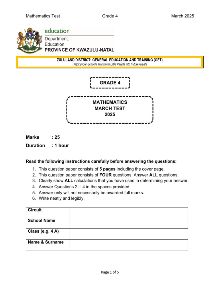 Grade 4 Mathematics March Test 2025. | PDF | Mathematics