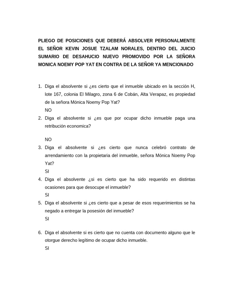 Pliego de Posiciones Que Deberá Absolver La Parte Demandada (1) | PDF