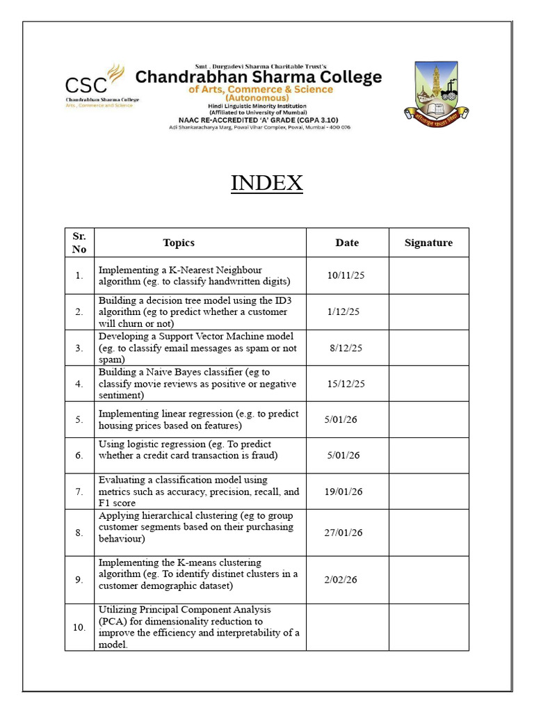 Ml Practical Index | PDF