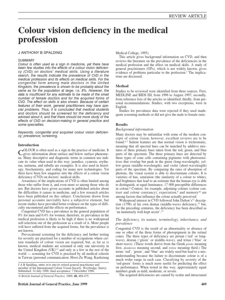 Color Vision Deficiency in Medical Profession | PDF | Physician | Color